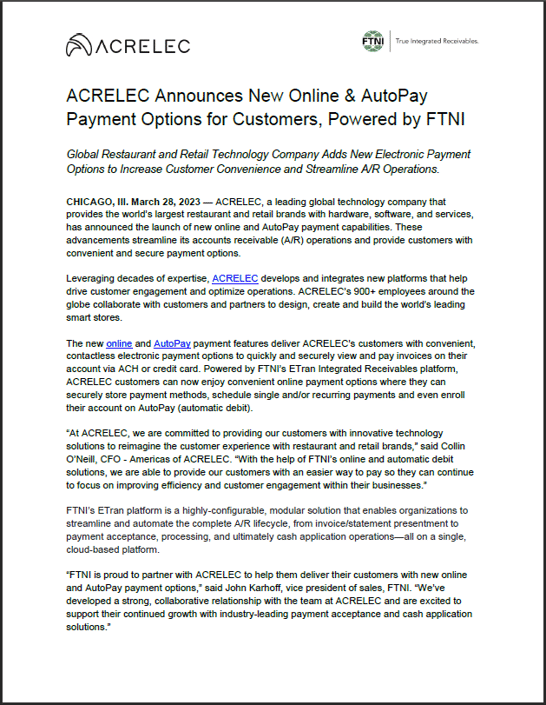 ACRELEC Announces New Online & AutoPay Payment Options for Customers